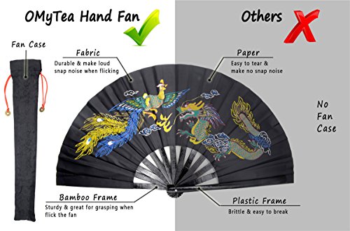 OMyTea Bamboo Large Rave Folding Hand Fan for Men/Women - Chinese Japanese Kung Fu Tai Chi Handheld Fan with Fabric Case - for Performance, Decorations, Dancing, Festival, Gift (Dragon & Phoenix)