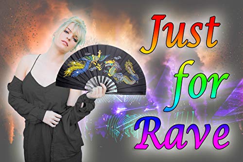 OMyTea Bamboo Large Rave Folding Hand Fan for Men/Women - Chinese Japanese Kung Fu Tai Chi Handheld Fan with Fabric Case - for Performance, Decorations, Dancing, Festival, Gift (Dragon & Phoenix)
