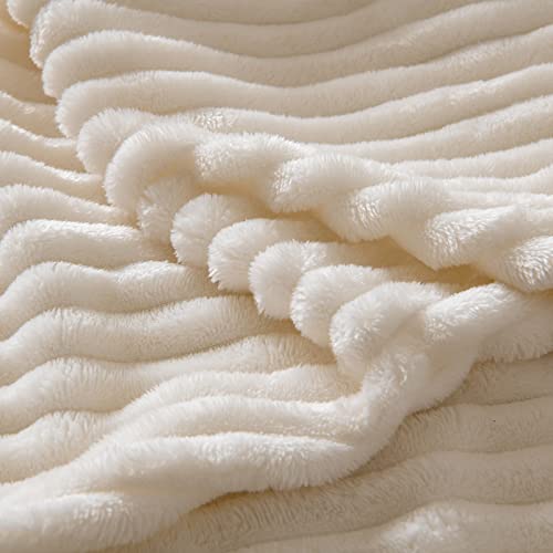 MIULEE Fleece Throw Blanket with Stripe Pattern for Couch Super Soft Fuzzy Flannel Cream White Blanket Plush Warm Cozy Bed Blanket for Sofa Chair Twin Size 60"x80"
