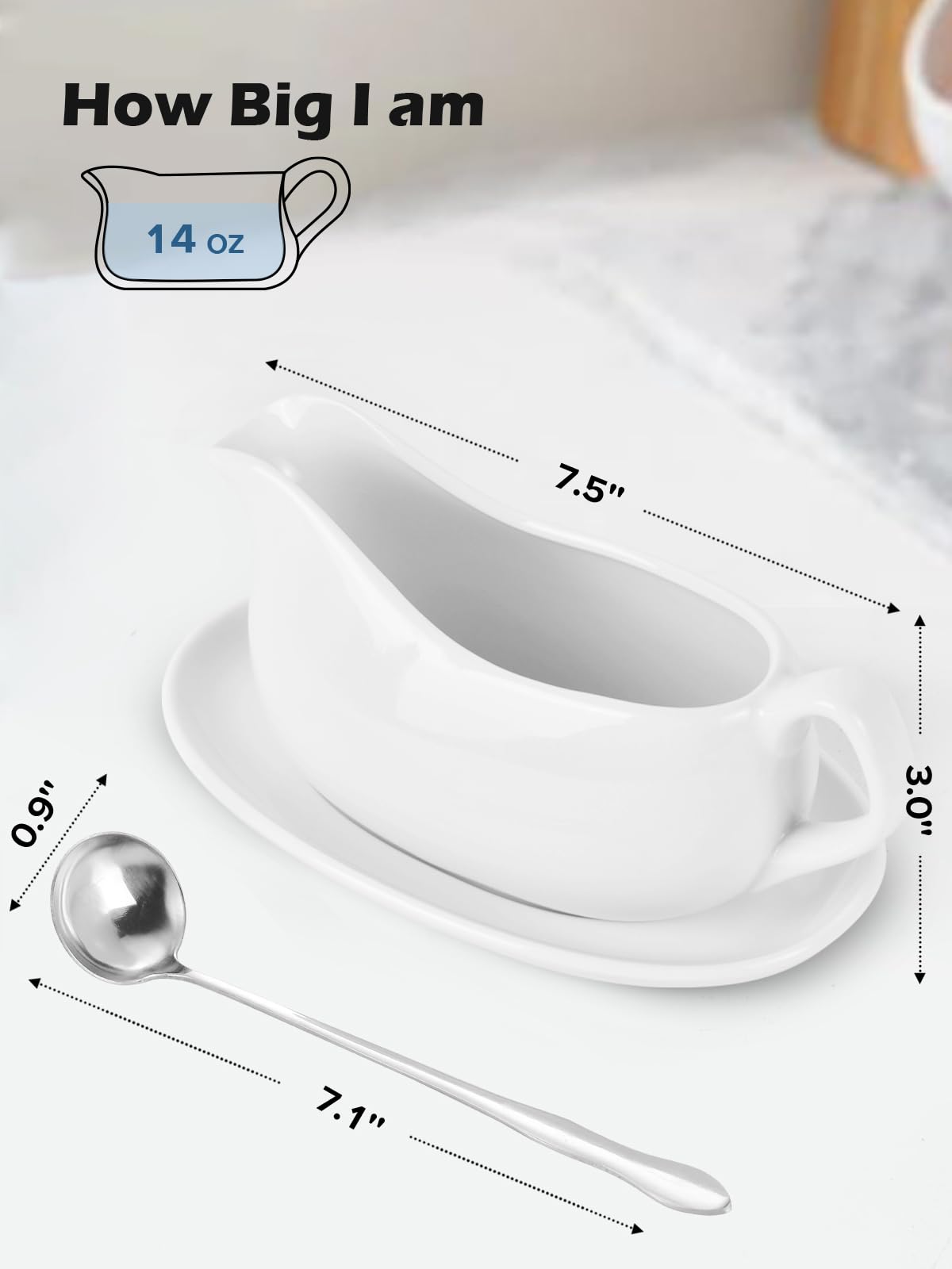 LoeJan Gravy Boat with Spoon, Ceramic Sauce Serving Dish, Easy-Pour Big Dripless Lip Spout Serveware Set For Salad Cream Milk Broth Black Pumpkin Thanksgiving (14 OZ & Tray)