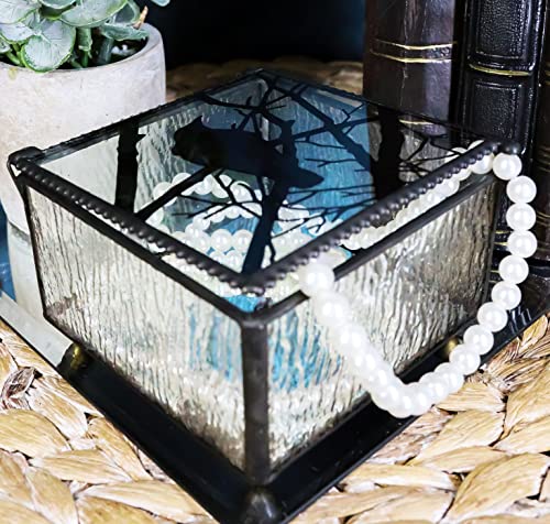 Ebros Gift Gothic Silhouette Raven Crow On Tree Branch Frosted Glass Decorative Jewelry Box 4" Wide Edgar Poe Nevermore Ravens Crows Stash Trinket Secret Box