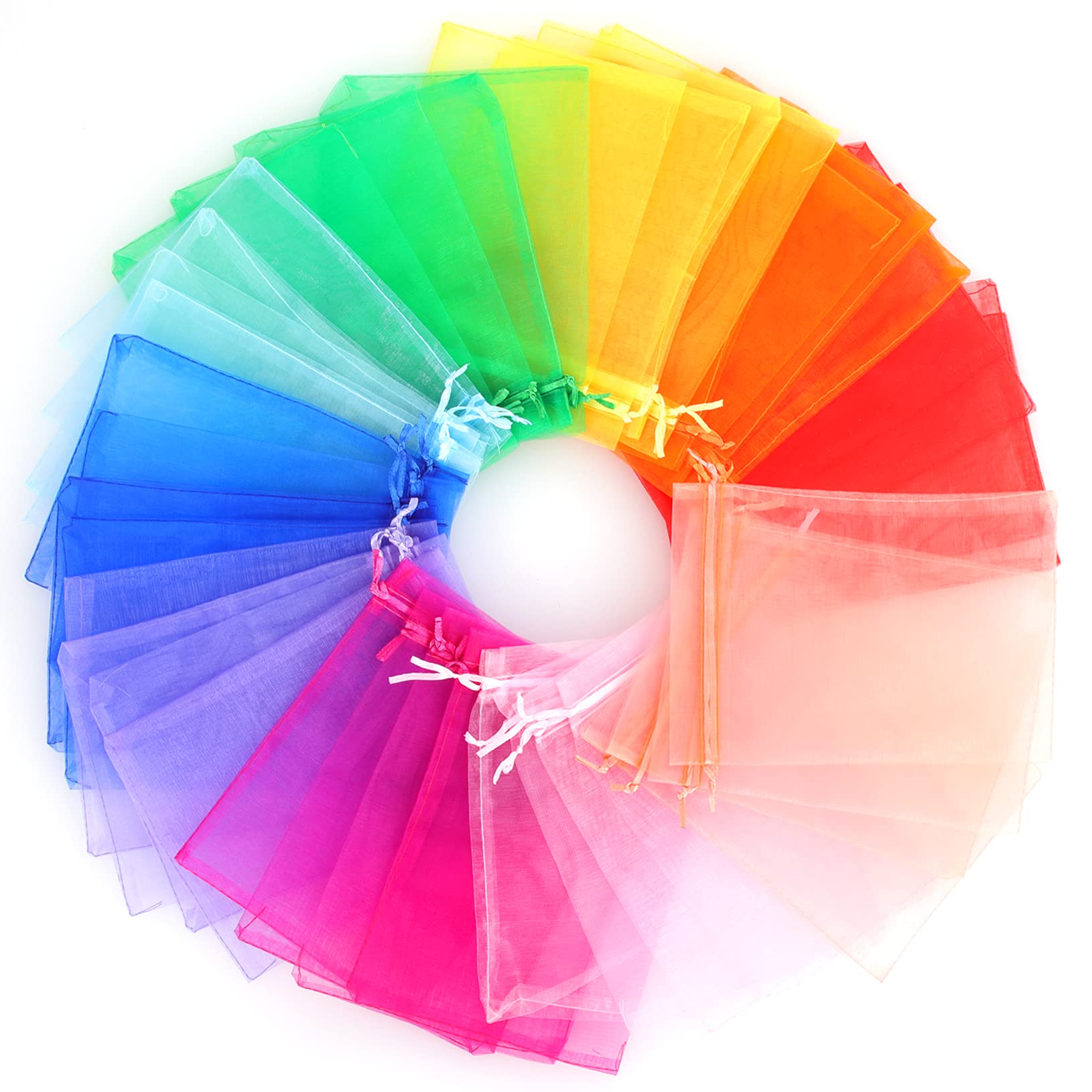 Ponpon 100pcs Assorted Color Organza Bags, 5x7 inches Mesh Bags Drawstring Gift Bags for Candy Jewellery Gift