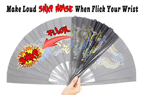 OMyTea Bamboo Large Rave Folding Hand Fan for Men/Women - Chinese Japanese Kung Fu Tai Chi Handheld Fan with Fabric Case - for Performance, Decorations, Dancing, Festival, Gift (Dragon & Phoenix)