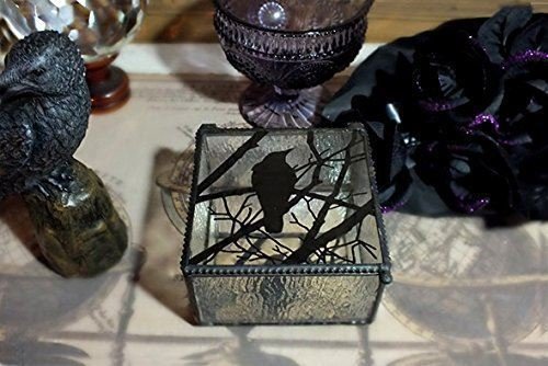 Ebros Gift Gothic Silhouette Raven Crow On Tree Branch Frosted Glass Decorative Jewelry Box 4" Wide Edgar Poe Nevermore Ravens Crows Stash Trinket Secret Box