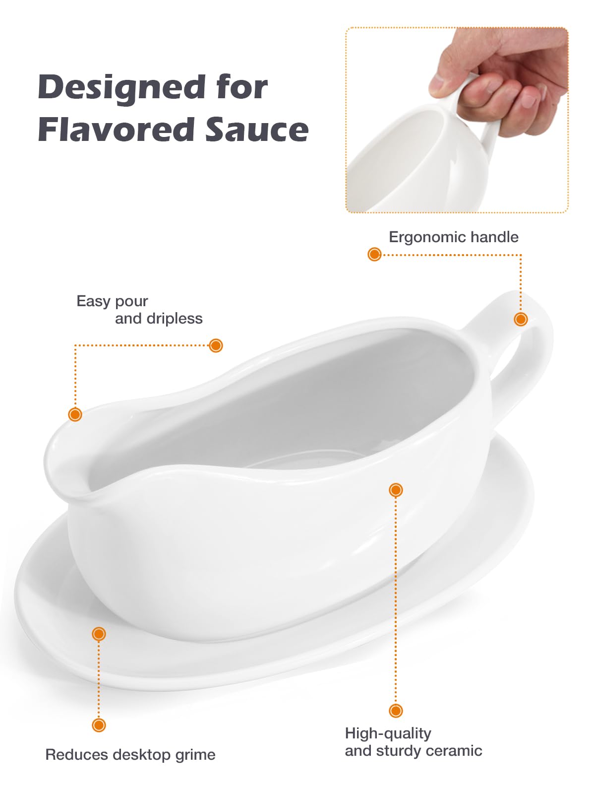 LoeJan Gravy Boat with Spoon, Ceramic Sauce Serving Dish, Easy-Pour Big Dripless Lip Spout Serveware Set For Salad Cream Milk Broth Black Pumpkin Thanksgiving (14 OZ & Tray)