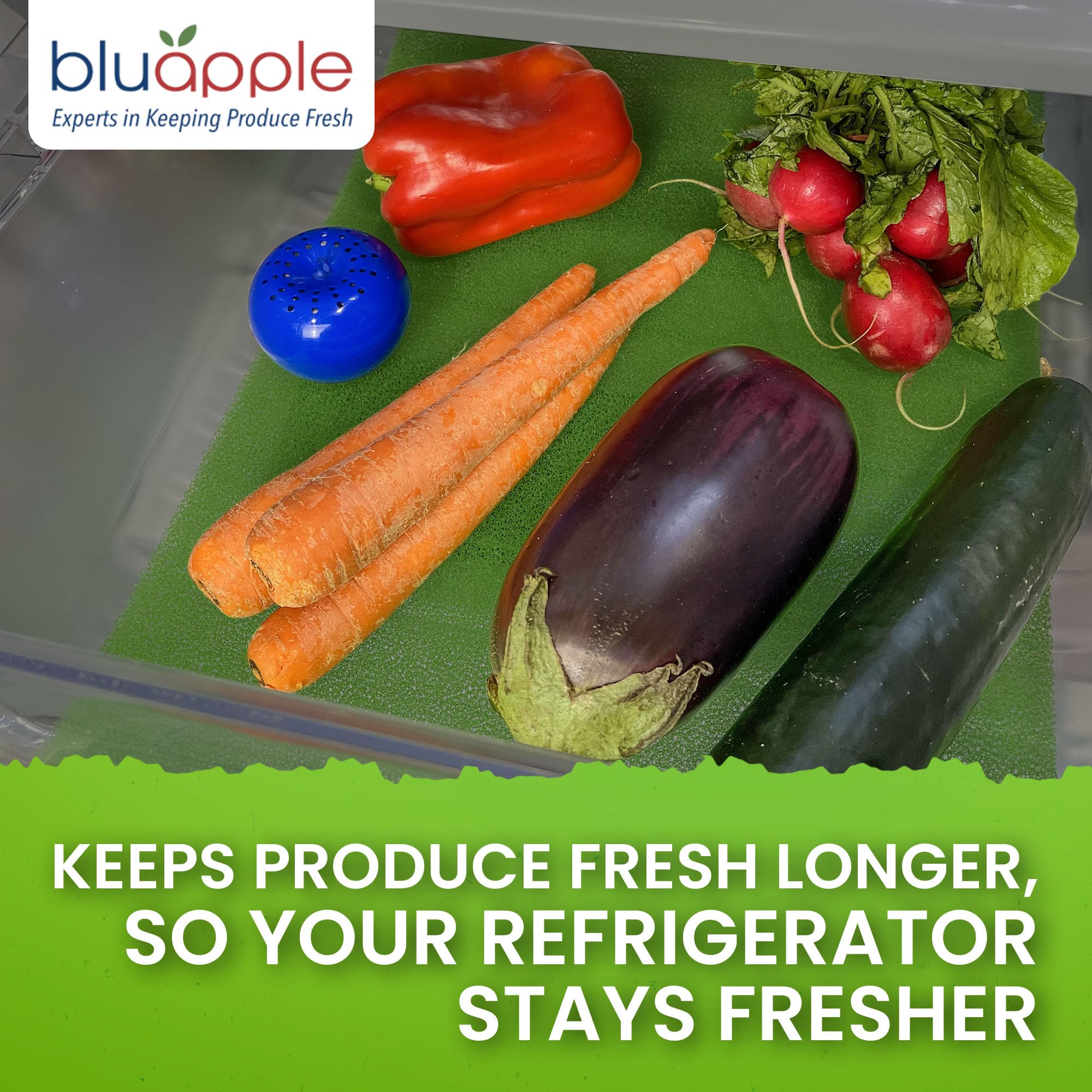 Bluapple FreshMats 4-Pack, 12" x 15" Cuttable, Washable, & Reusable Sponge Refrigerator Fruit & Vegetable Shelf Liner to Keep Produce Fresh Longer, Anti-Bruising, Promotes Air Circulation