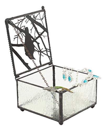 Ebros Gift Gothic Silhouette Raven Crow On Tree Branch Frosted Glass Decorative Jewelry Box 4" Wide Edgar Poe Nevermore Ravens Crows Stash Trinket Secret Box