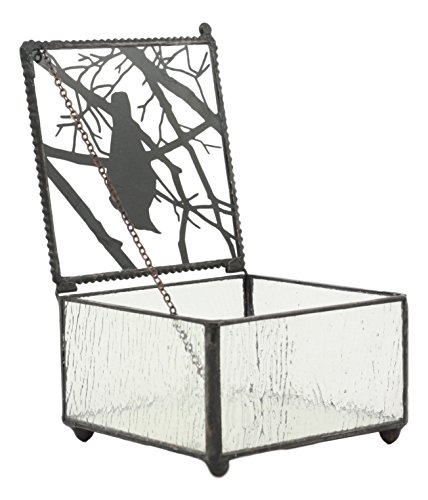 Ebros Gift Gothic Silhouette Raven Crow On Tree Branch Frosted Glass Decorative Jewelry Box 4" Wide Edgar Poe Nevermore Ravens Crows Stash Trinket Secret Box