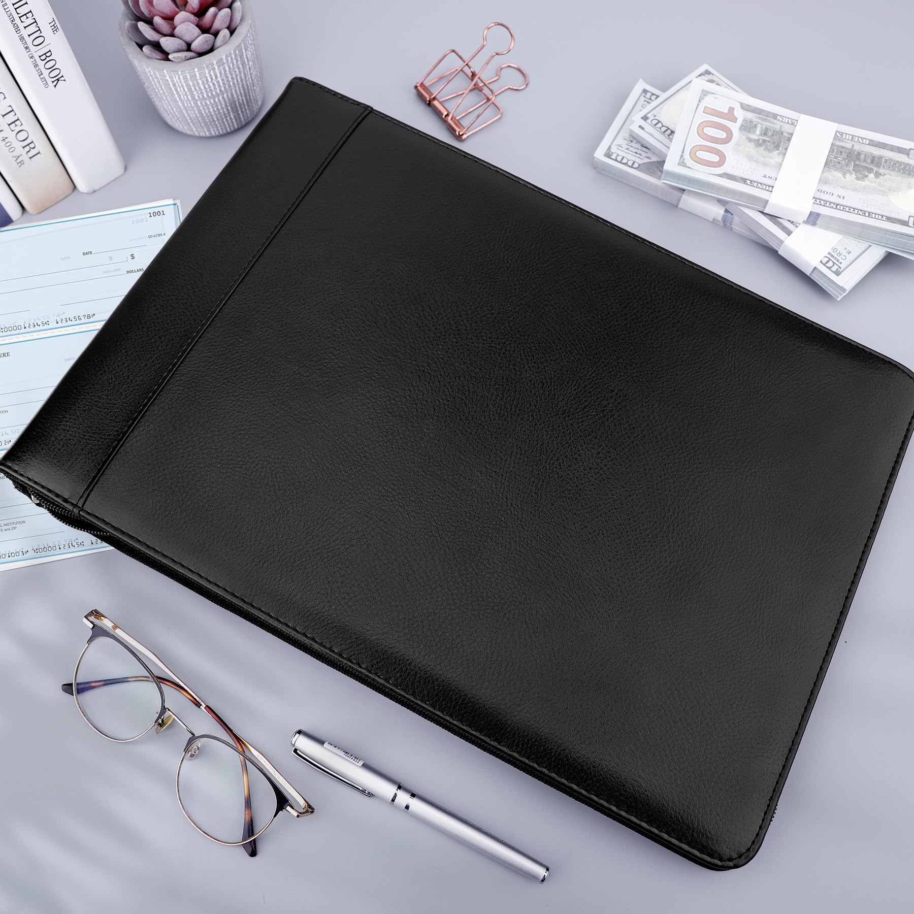 Antner Zippered 7 Ring Business Check Binder Portfolio for 3-Up Business Size Checks, PU Leather 7 Ring Checkbook Binder 600 Checks Capacity for 9 × 13 Inch Sheets, Built-in Storage Organizer, Black