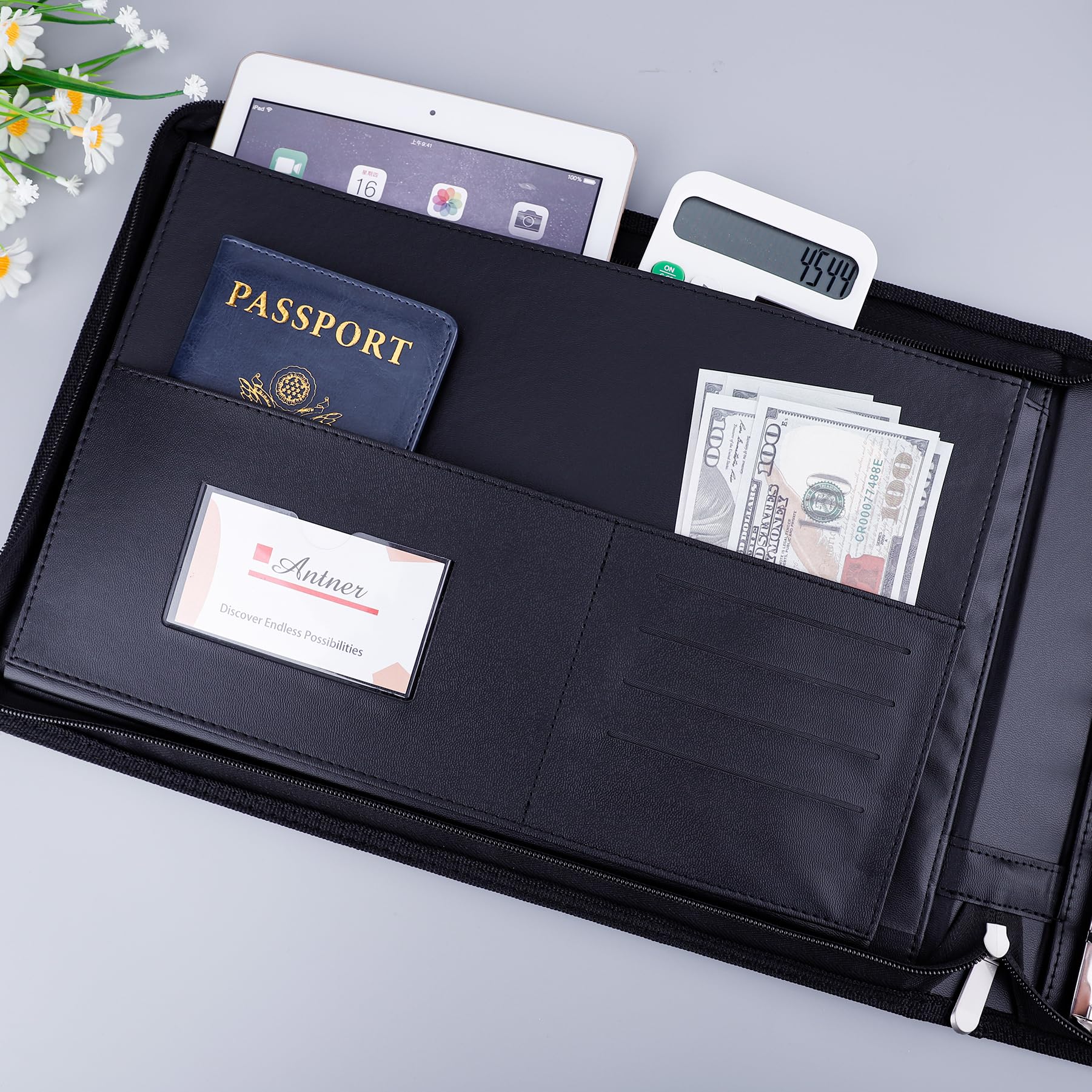 Antner Zippered 7 Ring Business Check Binder Portfolio for 3-Up Business Size Checks, PU Leather 7 Ring Checkbook Binder 600 Checks Capacity for 9 × 13 Inch Sheets, Built-in Storage Organizer, Black