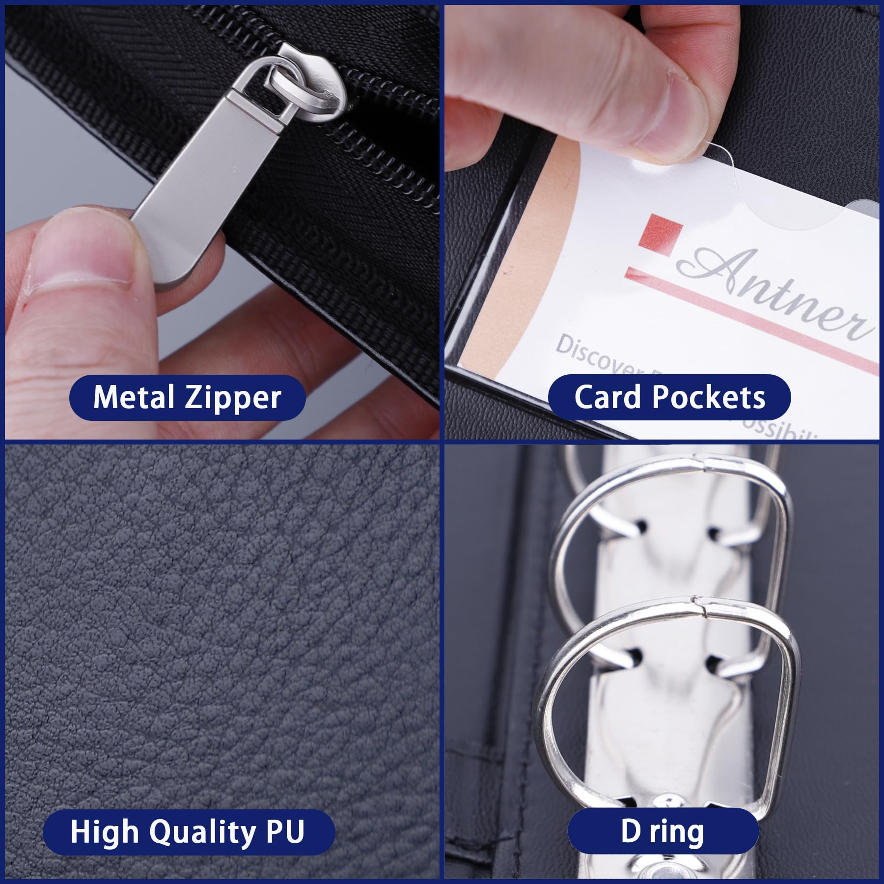 Antner Zippered 7 Ring Business Check Binder Portfolio for 3-Up Business Size Checks, PU Leather 7 Ring Checkbook Binder 600 Checks Capacity for 9 × 13 Inch Sheets, Built-in Storage Organizer, Black