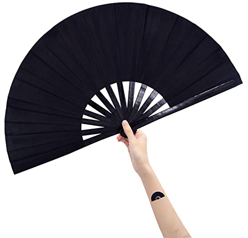 Amajiji Large Folding Hand Rave Fan for Women/Men, Chinease/Japanese Bamboo and Nylon-Cloth Folding Hand Fan for Performance, Festival, Events, Gift, Craft, Dance, Decorations (Black)