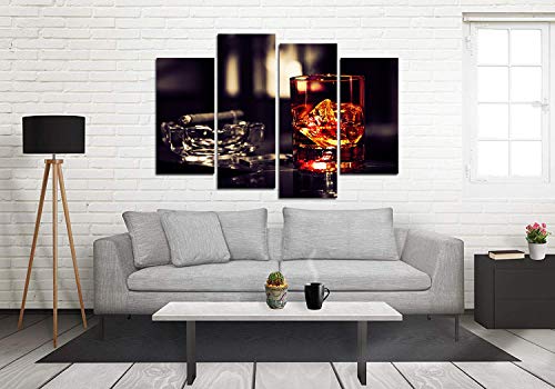 VVOVV Wall Decor - Brown Whisky In Cups With Ice Canvas Wall Art Print Wine Painting Framed Pictures Smoking Cigar Ashtray Poster Giclee Artwork Wall Decor Kitchen Bar