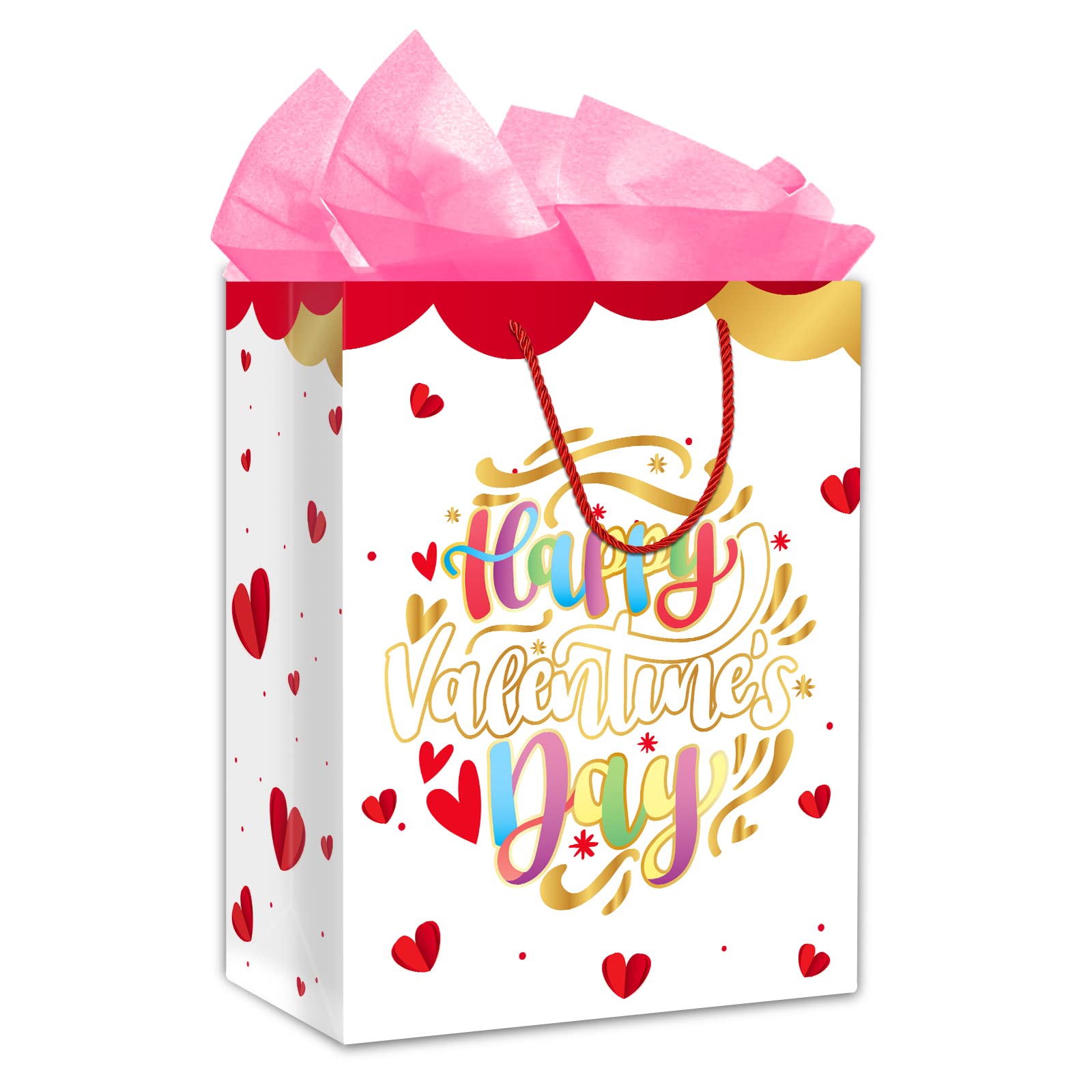 FLYAB Happy Valentines Day Gift Bag with Handle 11.5"x9"x5" Valentines Gift Bag with Tissue Paper Romantic Valentines Anniversary Wedding Gift Bags for Her Him Girlfriend Boyfriend Wife Husband Women