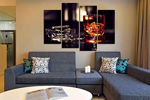 VVOVV Wall Decor - Brown Whisky In Cups With Ice Canvas Wall Art Print Wine Painting Framed Pictures Smoking Cigar Ashtray Poster Giclee Artwork Wall Decor Kitchen Bar