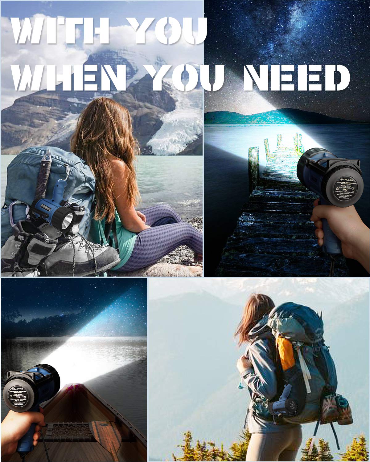 Taller Rechargeable Spotlight with 200000 Lumens, 10000mAh Bright Hand Held Work Lights Flashlight Warning Lamp, IPX7 Waterproof Lightweight LED Spotlight Searchlight for Boat Camping Hunting - Blue