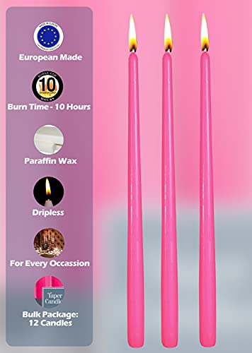 12 Pack Tall Taper Candles - 12 Inch Hot Pink Fuschia Dripless, Unscented Dinner Candle - Paraffin Wax with Cotton Wicks - 10 Hour Burn Time
