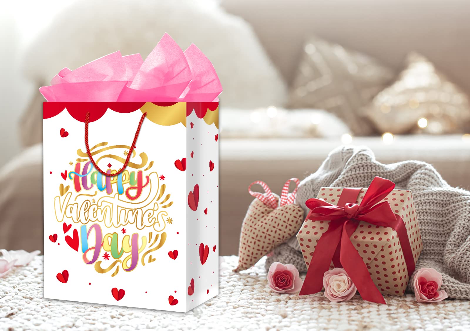 FLYAB Happy Valentines Day Gift Bag with Handle 11.5"x9"x5" Valentines Gift Bag with Tissue Paper Romantic Valentines Anniversary Wedding Gift Bags for Her Him Girlfriend Boyfriend Wife Husband Women