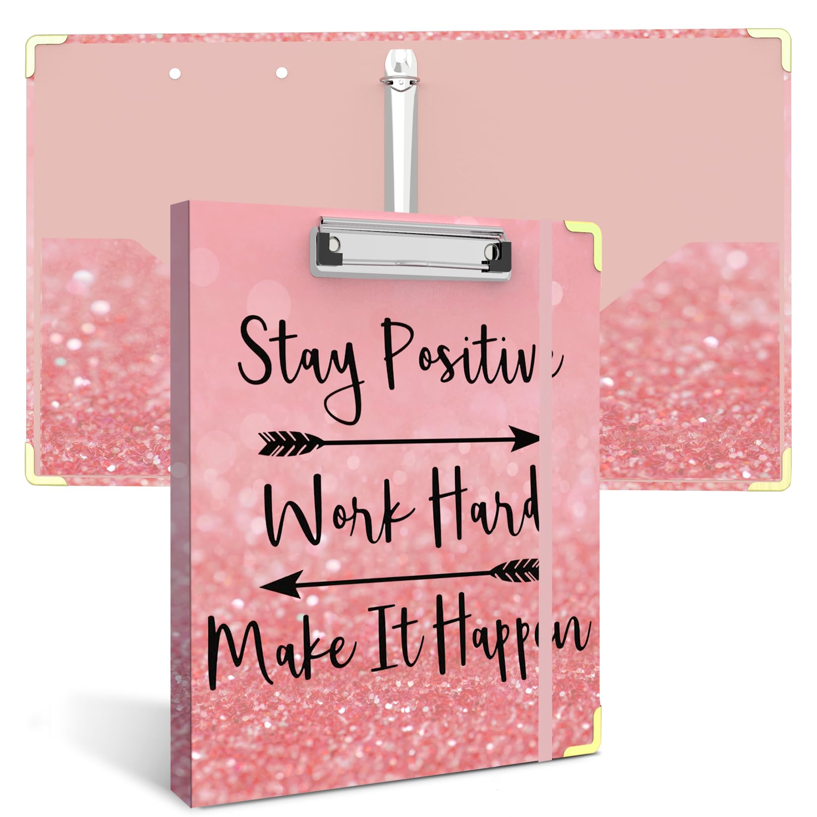 3 Ring Binder 1 Inch, Cute Pink Decorative Hardcover Low Profile Clipboard with Storage, 1'' Round Ring Binders for Letter Size Paper, Binder Organizer for School Office Supplies(Stay Positive)