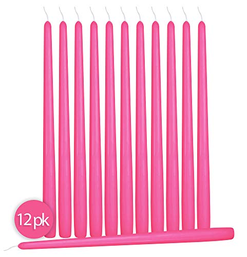 12 Pack Tall Taper Candles - 12 Inch Hot Pink Fuschia Dripless, Unscented Dinner Candle - Paraffin Wax with Cotton Wicks - 10 Hour Burn Time