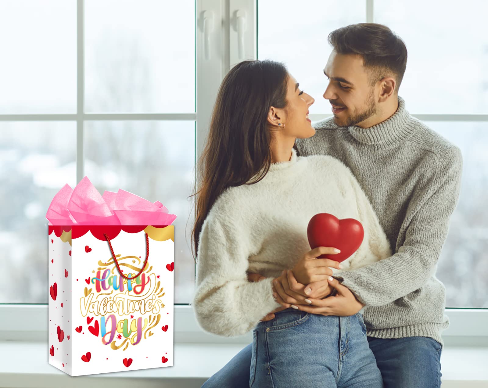 FLYAB Happy Valentines Day Gift Bag with Handle 11.5"x9"x5" Valentines Gift Bag with Tissue Paper Romantic Valentines Anniversary Wedding Gift Bags for Her Him Girlfriend Boyfriend Wife Husband Women