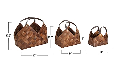 Creative Co-Op Brown Woven Seagrass Baskets with Leather Handles (Set of 3 Sizes) Wicker Non-Food Storage