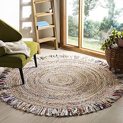 SAFAVIEH Cape Cod Collection 3' Round Ivory / Light Beige CAP206B Handmade Boho Fringe Jute & Cotton Area Rug