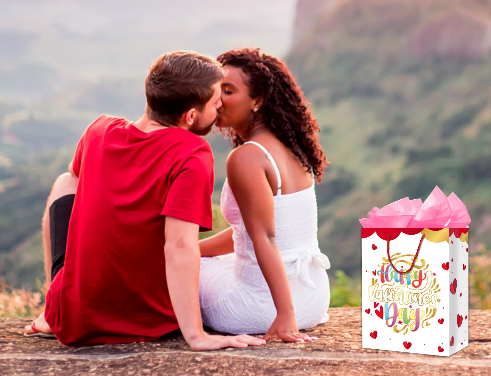 FLYAB Happy Valentines Day Gift Bag with Handle 11.5"x9"x5" Valentines Gift Bag with Tissue Paper Romantic Valentines Anniversary Wedding Gift Bags for Her Him Girlfriend Boyfriend Wife Husband Women