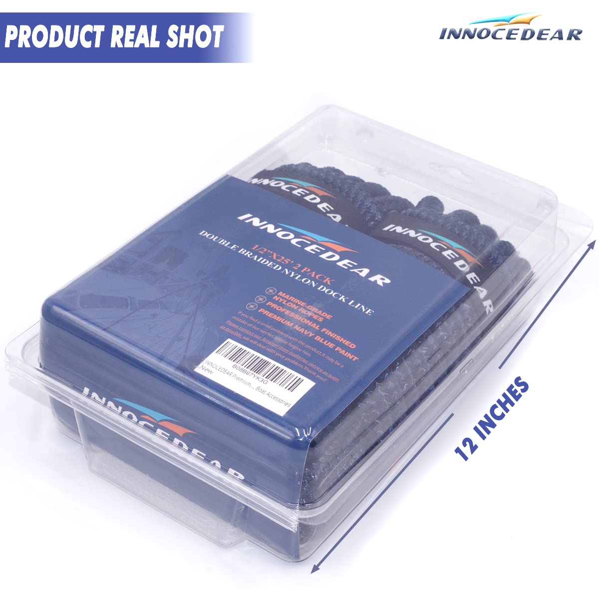 INNOCEDEAR 2 Pack Premium Navy Blue Dock Lines - 15' / 25'/35' with Eyelet.Double Braided Nylon Dock Line/Mooring Lines.Hi-Performance Marine Boats Ropes