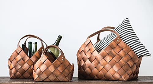 Creative Co-Op Brown Woven Seagrass Baskets with Leather Handles (Set of 3 Sizes) Wicker Non-Food Storage