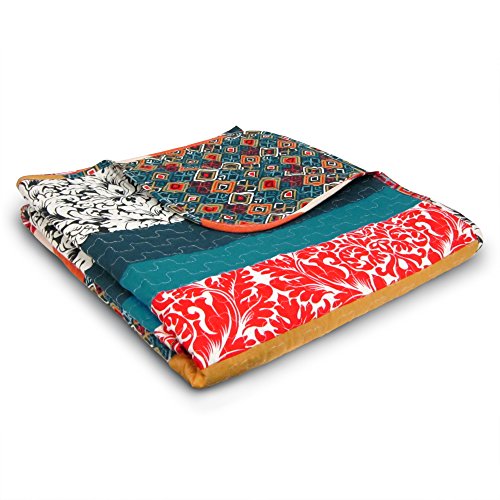 Lush Decor Boho Reversible Throw Colorful Striped Pattern Bohemian Blanket, 60β x 50β, Turquoise & Tangerine