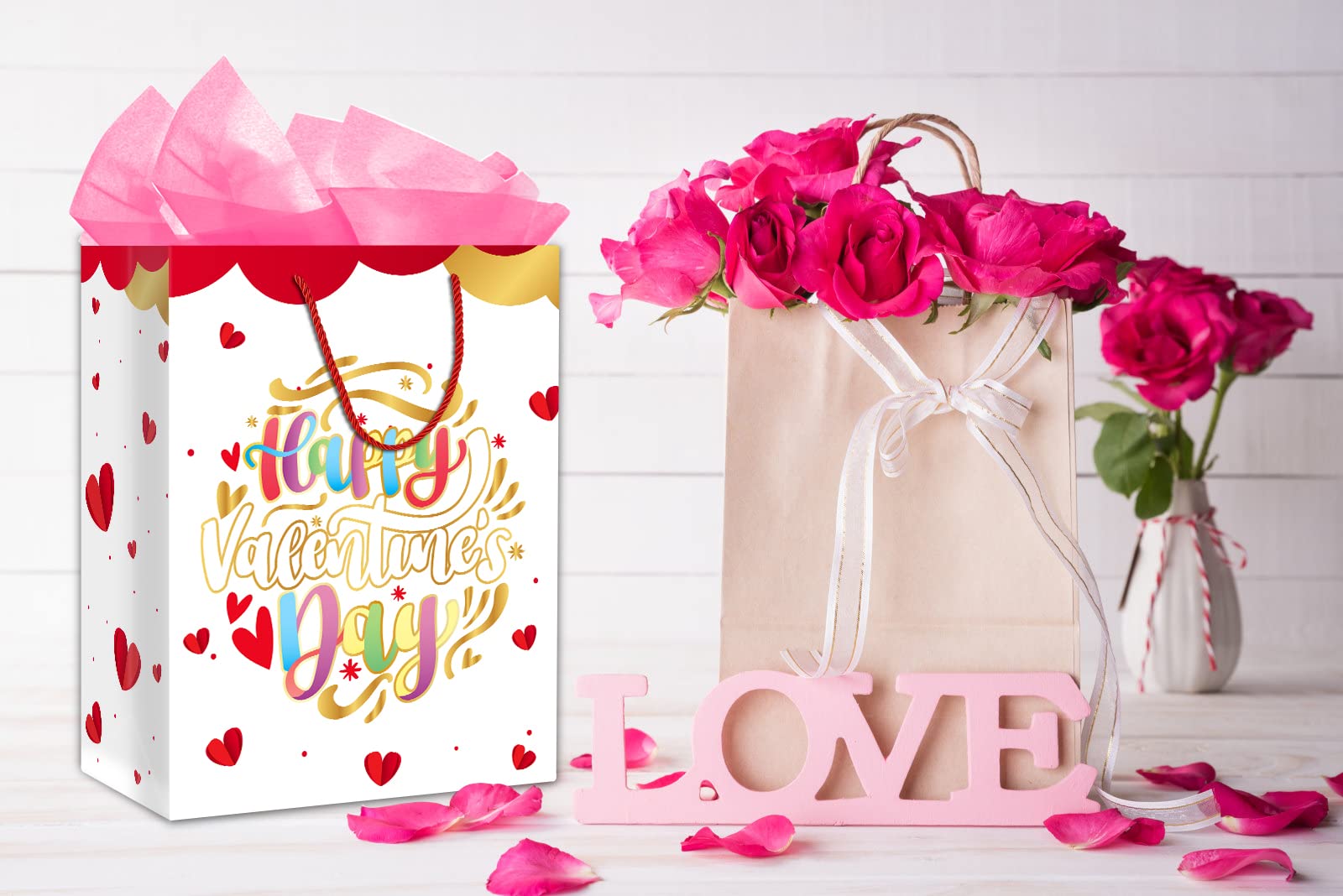 FLYAB Happy Valentines Day Gift Bag with Handle 11.5"x9"x5" Valentines Gift Bag with Tissue Paper Romantic Valentines Anniversary Wedding Gift Bags for Her Him Girlfriend Boyfriend Wife Husband Women