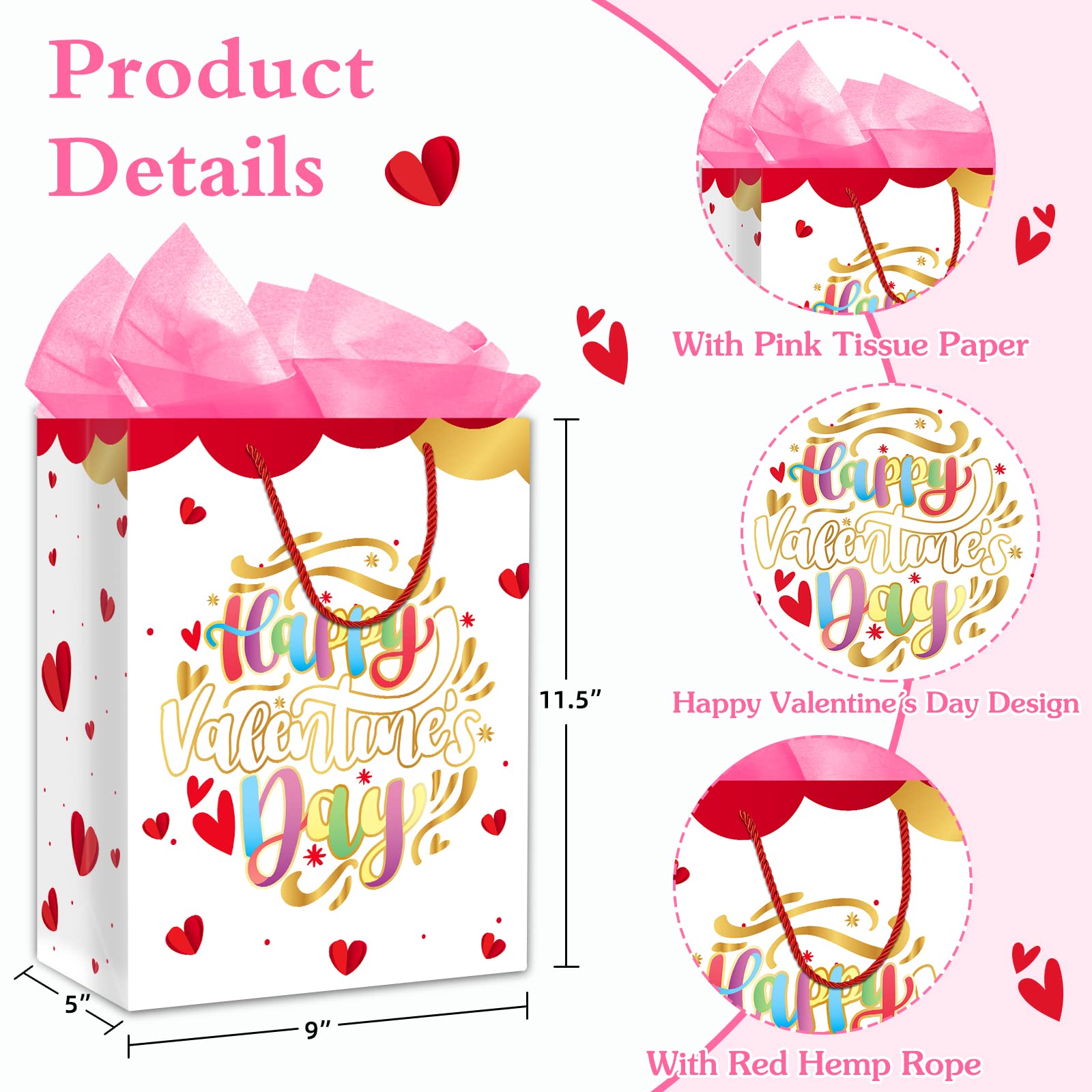 FLYAB Happy Valentines Day Gift Bag with Handle 11.5"x9"x5" Valentines Gift Bag with Tissue Paper Romantic Valentines Anniversary Wedding Gift Bags for Her Him Girlfriend Boyfriend Wife Husband Women
