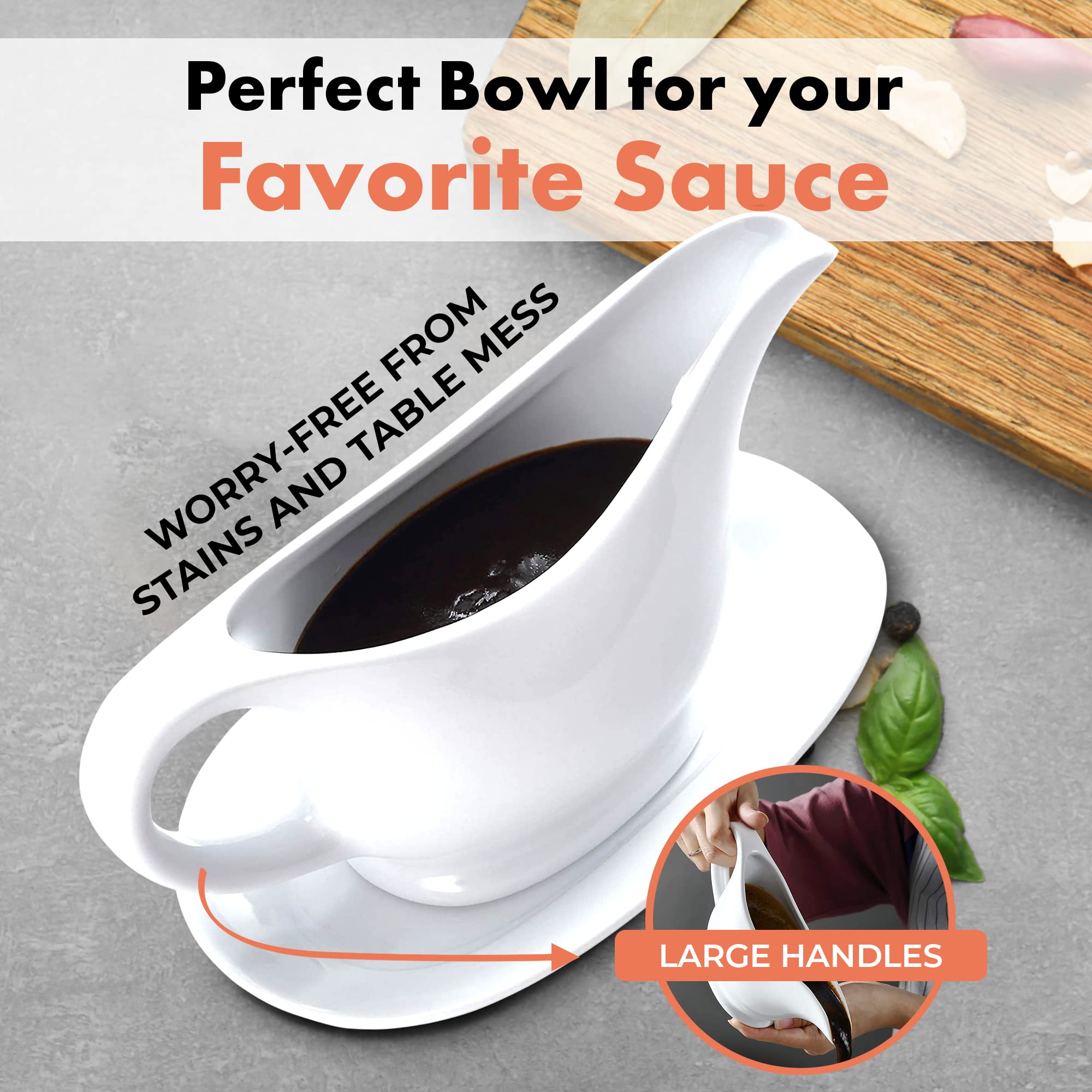 Bruntmor 20 Oz White Ceramic Gravy Boat With Tray, 20 Ounce Large Farmhause Gravy Boat With Saucer For Dinner Table Decoration