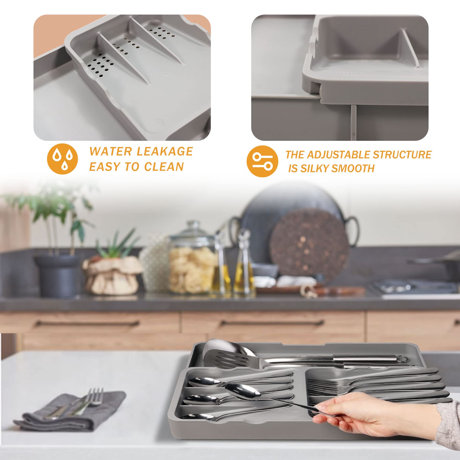 KAKUNM Expandable Utensil Organizer | Plastic Flatware Drawer Organizer, Flatware Drawer Tray for Silverware, Cutlery Holder With 6 Compartments Compact Storage Organization for Spoons Forks Knives