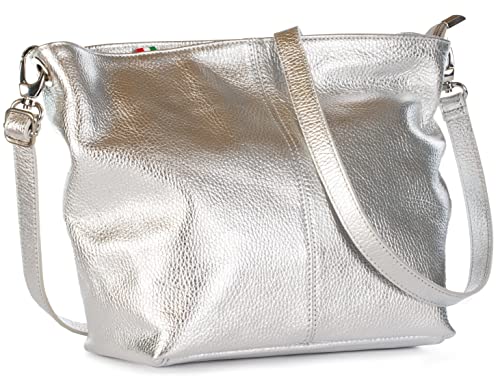 LiaTalia Womens Shoulder Bag - Soft Grained Leather - Medium Size Hobo Handbag Purse Made with 100% Italian Leather - ADAL [Metallic - Silver]