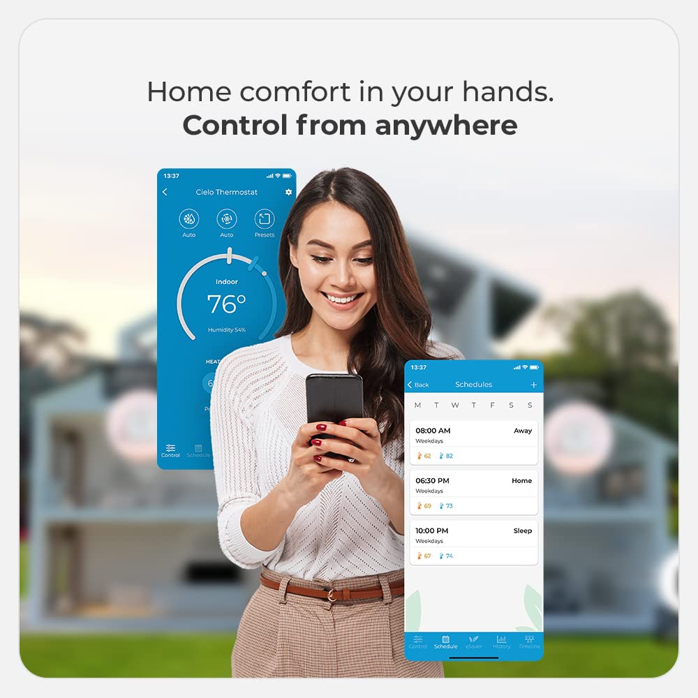 Cielo Smart Thermostat | Supports Conventional Systems up to (2H/2C) & Heat Pumps (4H/2C) | Alexa, Google, Siri Shortcuts, SmartThings, IFTTT | Touchscreen Color Display | Free C-Wire Adapter