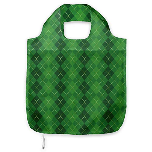 Ambesonne Irish Shopping Tote Bag, Antique Tartan Inspired Symmetrical Checkered Diamond Line Plaid Fashion, Sturdy Fabric Foldable Lightweight Market Bag for Daily Use, Green Dark Green Yellow
