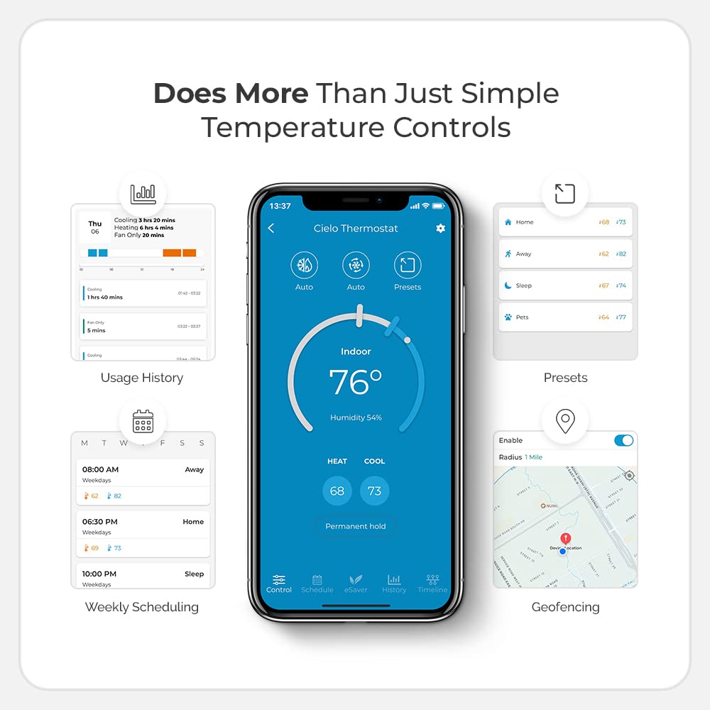 Cielo Smart Thermostat | Supports Conventional Systems up to (2H/2C) & Heat Pumps (4H/2C) | Alexa, Google, Siri Shortcuts, SmartThings, IFTTT | Touchscreen Color Display | Free C-Wire Adapter
