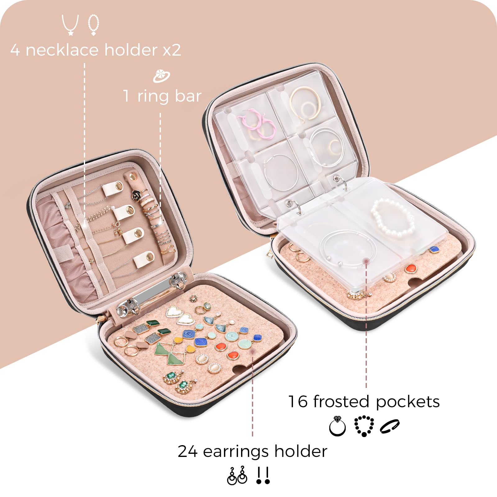 ProCase Medium Travel Jewelry Organizer Case, Jewellery Home Storage Book Ring Binder with Clear Pockets for Presentation, Zippered Pouch Bag for Earrings Necklaces Bracelets -Black