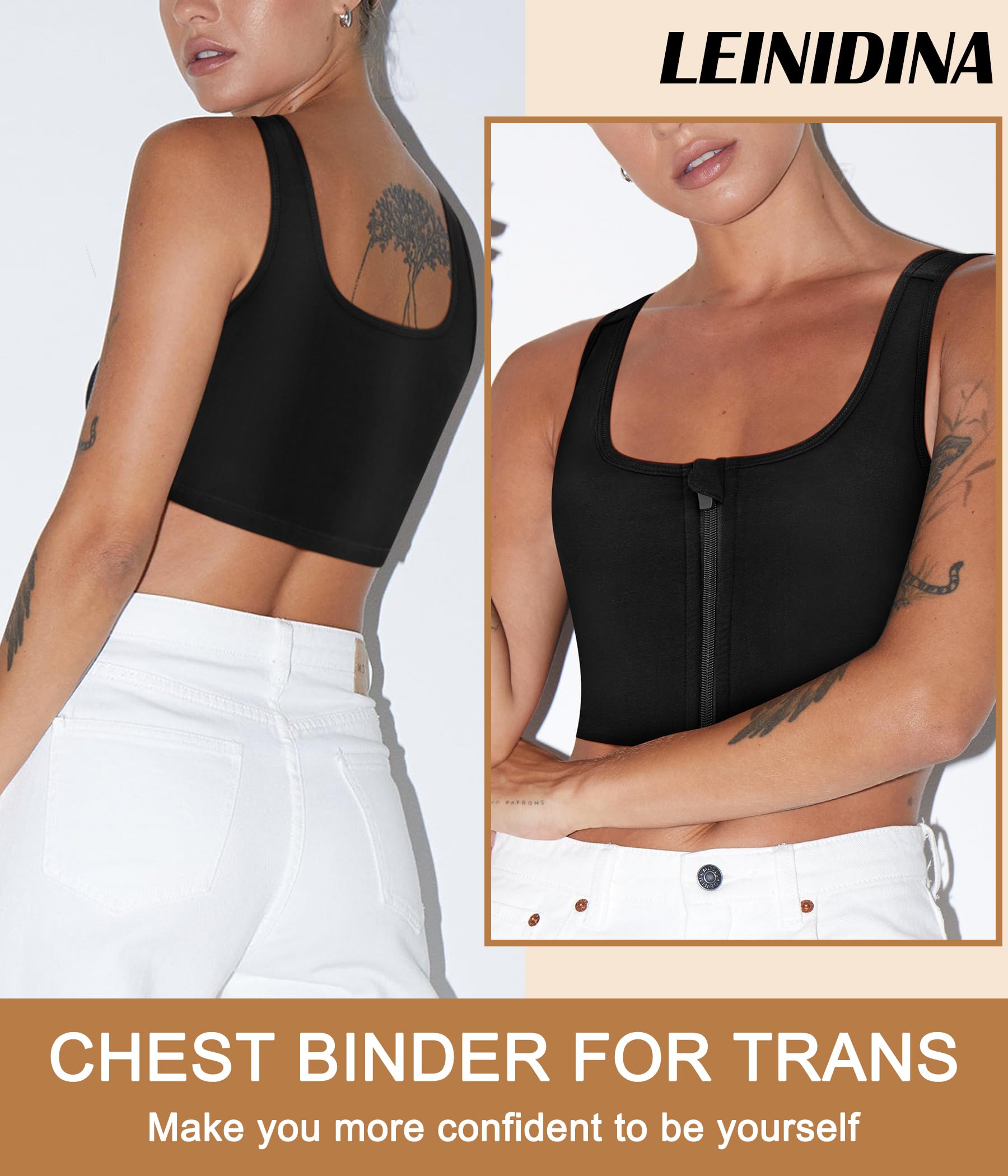 LEINIDINA Chest Binder Tomboy Transgender FTM Square Collar with Front Zipper Binder Bra Tank Top Black