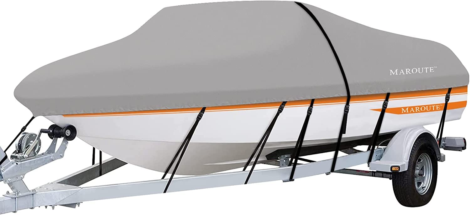 Boat Cover, MAROUTE 600D Waterproof Trailerable Marine Grade Polyster Canvas Fits V-Hull, Tri-Hull Fishing Boat, Runabout, SKi Boat, Bass Boat, up to (Length 17ft-19ft Beam Width Up to 96")