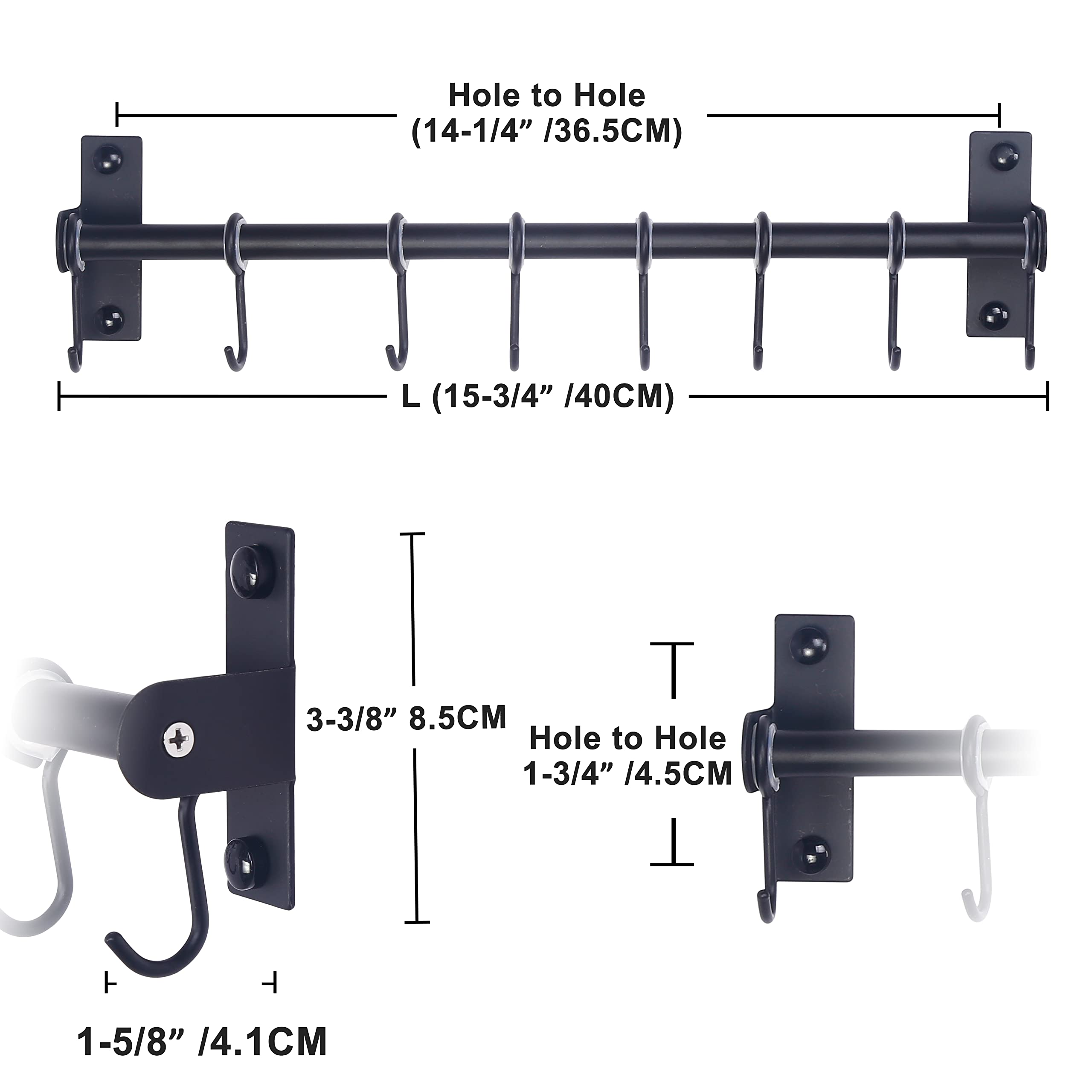 Dseap Pot Rack - Pots and Pans Hanging Rack Rail with 8 Hooks, Pot Hangers for Kitchen, Wall Mounted, Black