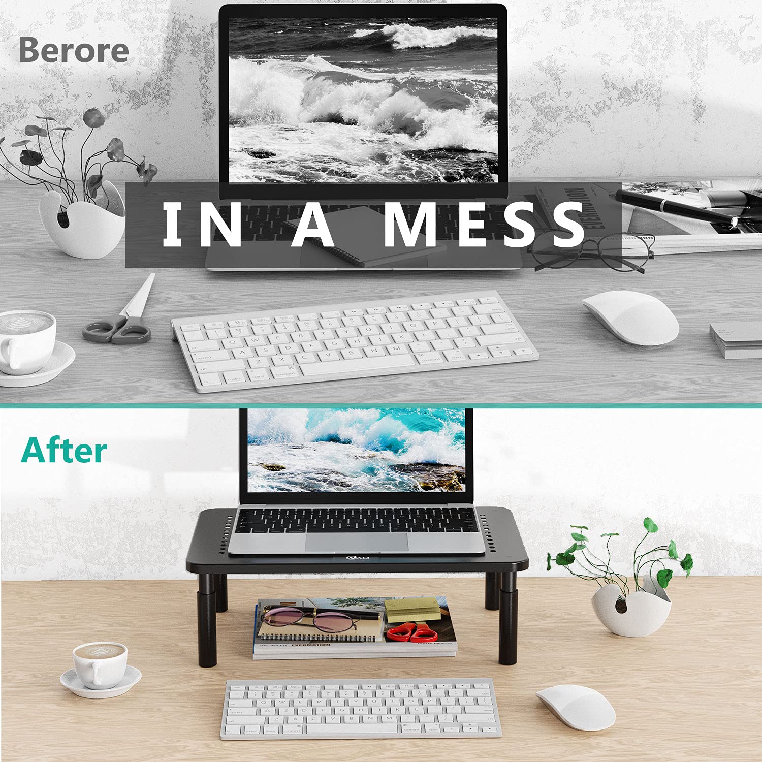 WALI Monitor Stand Riser, Adjustable Laptop Stand Riser Holder, 3 Height Adjustable Underneath Storage for Office Supplies (STT003), 1 Pack, Black