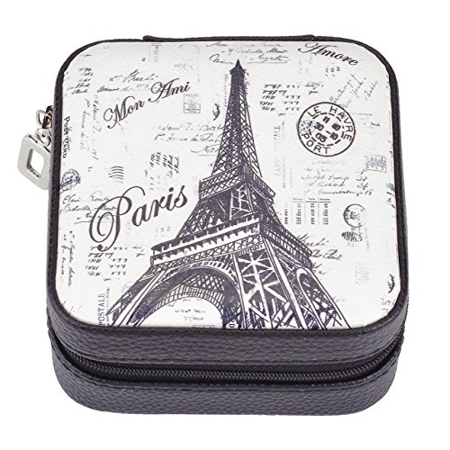 Yoption Paris Tower Pattern PU Jewelry Holder Box Display Accessories Ring Earring Bracelet Storage Zipper Case PU Leather Portable Traval Jewelry Box Organizer (Black)