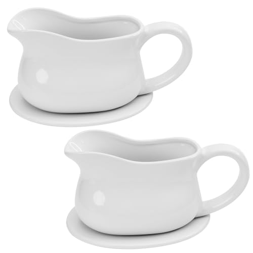 Gonioa 17oz ceramic Gravy Boat with Saucer Stand, Set of 2, Porcelain Gravy Boat with Dripless Lip Spout, Serving Dish for Salad Dressings, Creamer, Warming Sauces, Microwave & Freezer Safe (White)