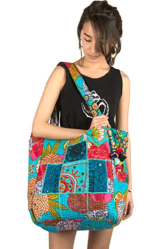 TribeAzure Large Oversize Blue Canvas Shoulder Bag Handbag Unique Tote Quilt Vintage Beach Travel Summer