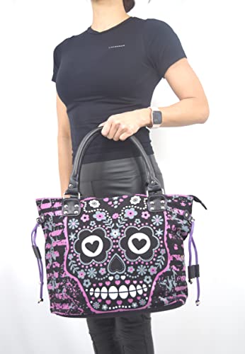 Lost Queen Purple Candy Flower Sugar Skull Cotton Canvas Shoulder Bag