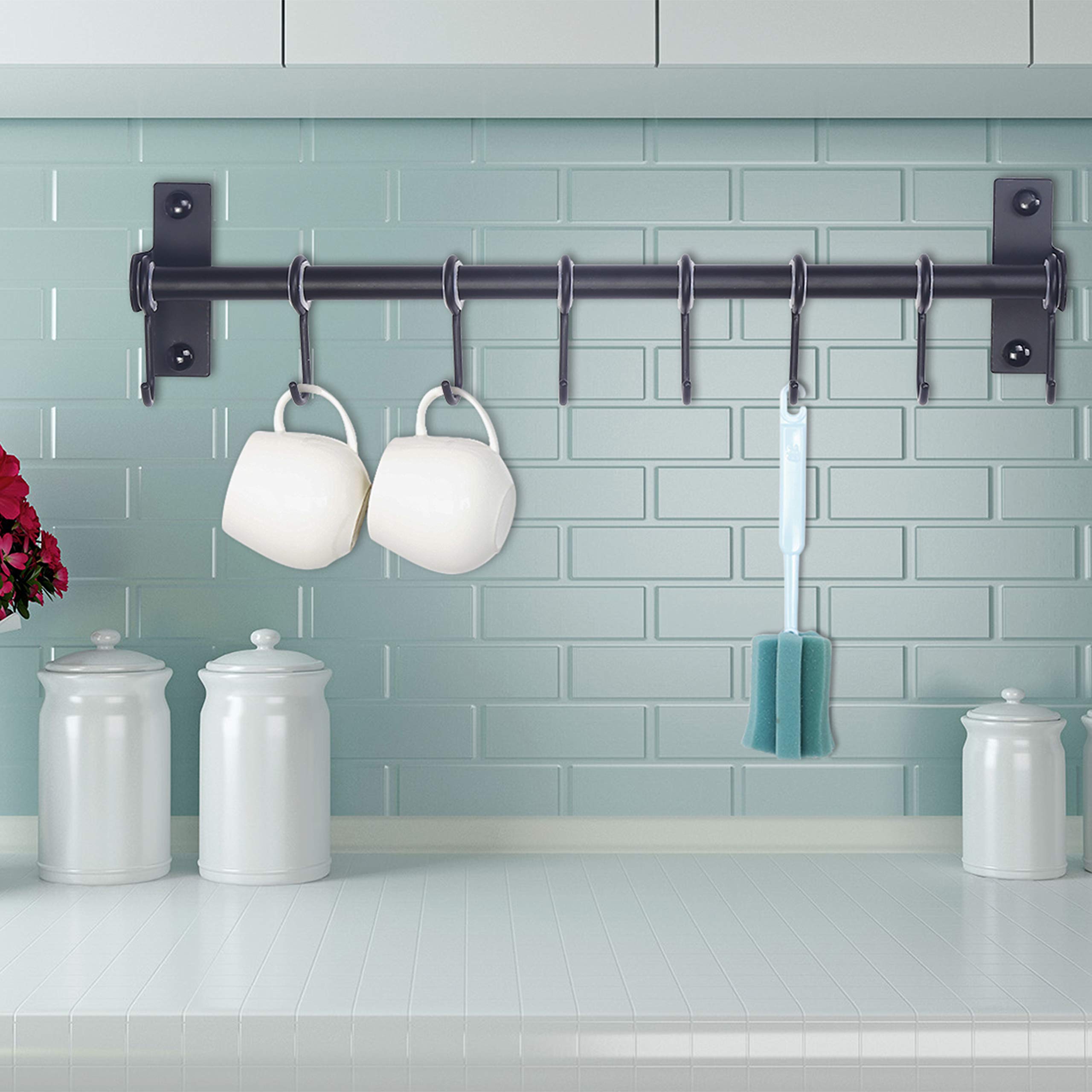 Dseap Pot Rack - Pots and Pans Hanging Rack Rail with 8 Hooks, Pot Hangers for Kitchen, Wall Mounted, Black