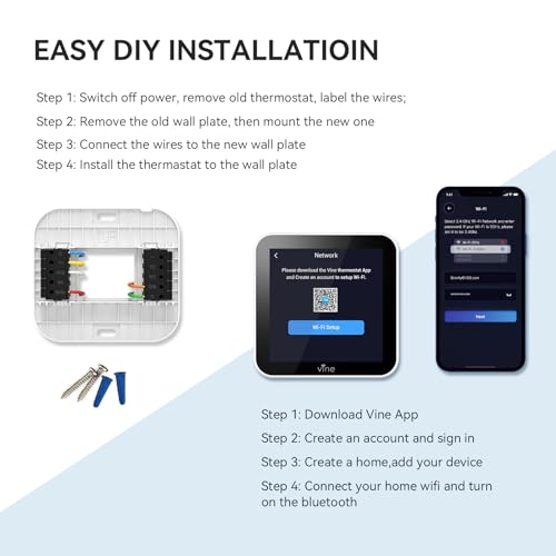 vine Smart Thermostat Larger Color Screen Thermostats for Home Heat and AC, 7 Day Programmable WiFi Thermostat App Control Compatible with Alexa and Google Assistant, C-Wire Required